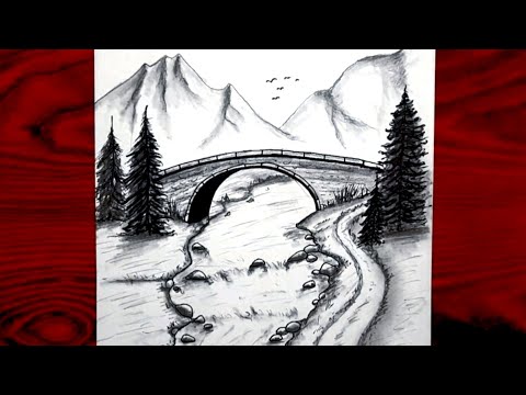 Kolay Karakalem Manzara Çizimi | Köprü, Dağ ve Nehir Çizimi (Yeni Başlayanlar İçin)