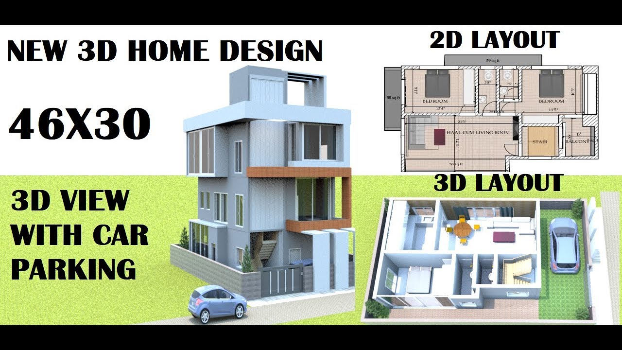 New 46x30 3D Modern Look Home With Car Parking | 2D Layout | 3D View ...