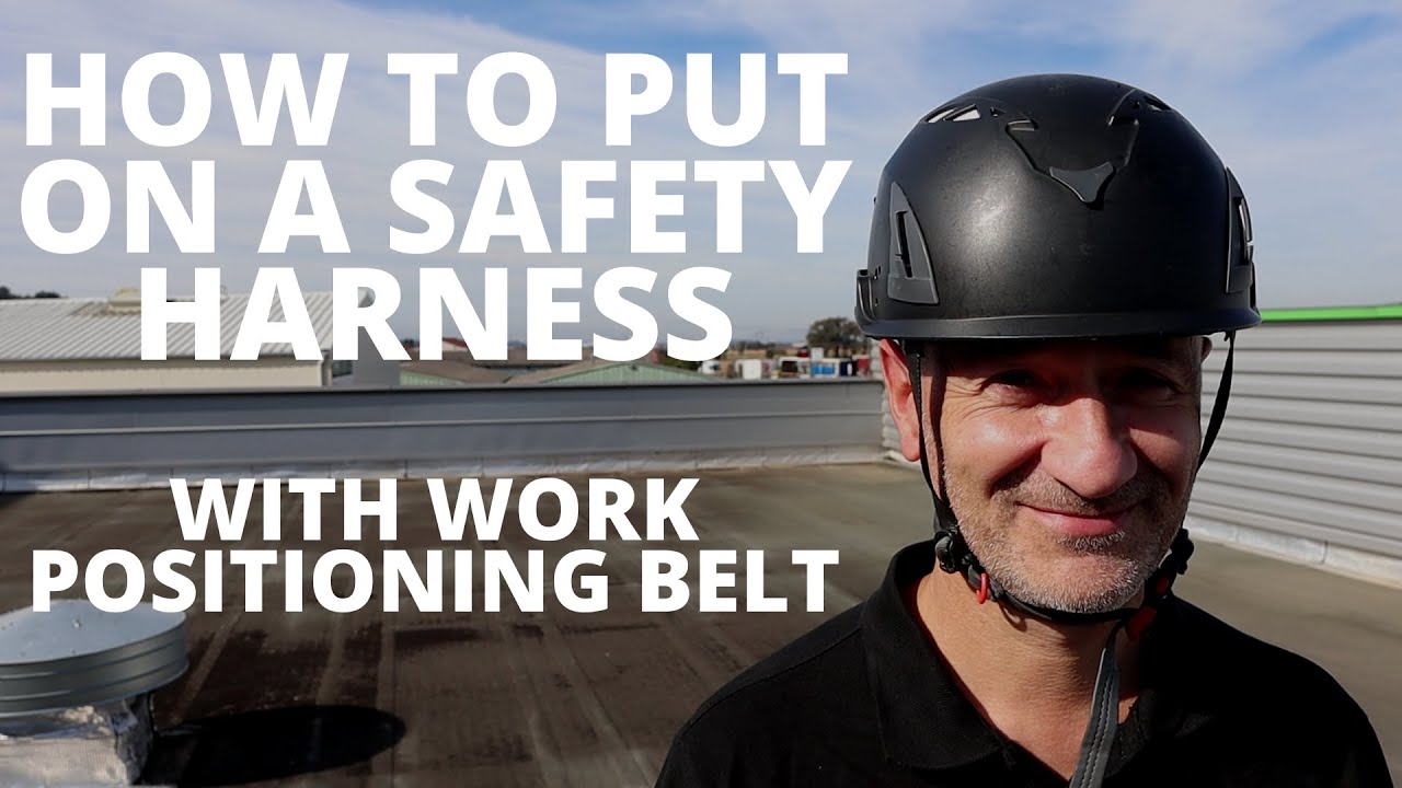 How to put on a harness with work positioning belt - Fall protection ...