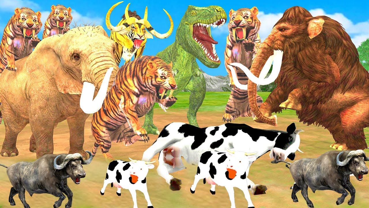 Tiger Bull Fight Giant Dinosaur Attack Cow Cartoon Buffalo Saved by ...