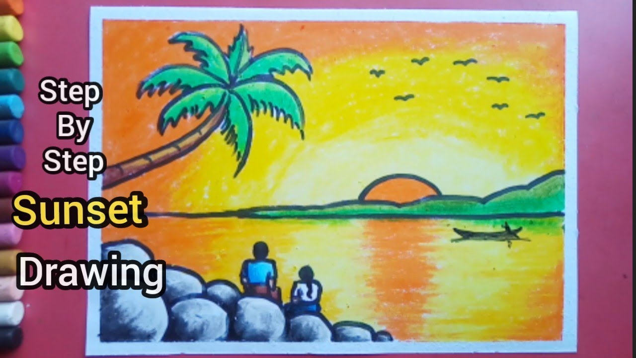 Easy and simple Sunset drawing - YouTube
