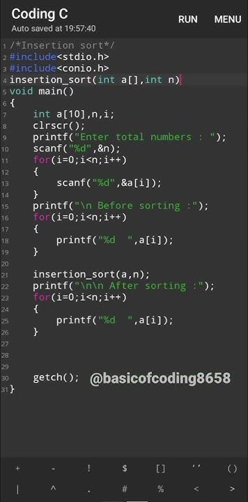 Insertion Sort Program In C Insertionsort Sorting Basicofcoding Coding Cprogram Shorts