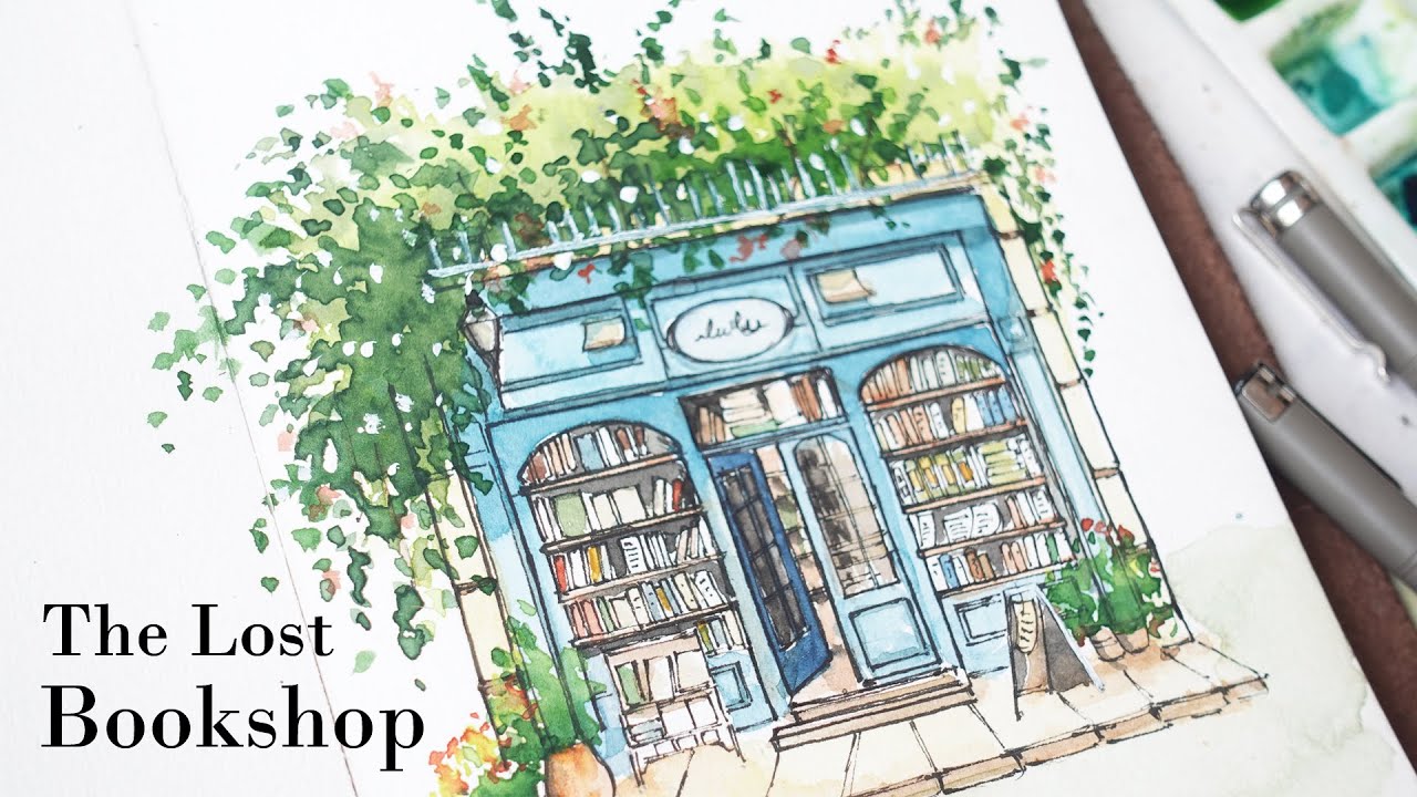 The Lost Bookshop | Ink and Watercolor Sketch - YouTube