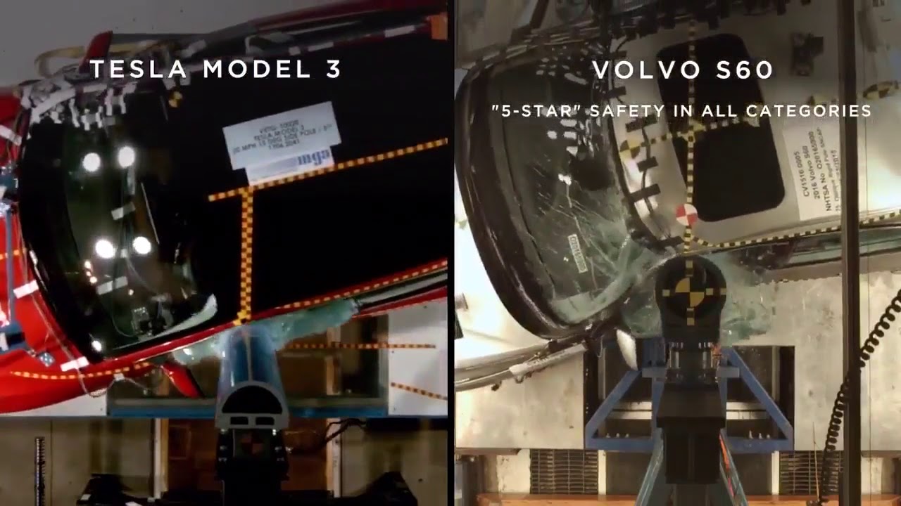 CRASH TEST Tesla Model 3 vs Volvo S60 side pole impact test - YouTube