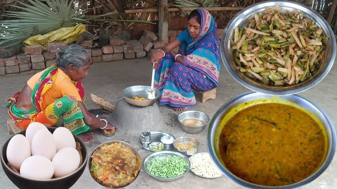 Egg omelette and borboti bhaji and musoor dal recipe cooking in tribal ...