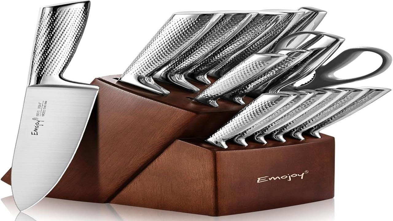 emojoy 16 piece kitchen knife set with wooden block ripple german ...