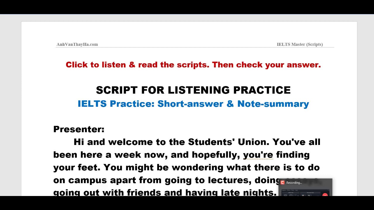Script for Listening Unit 1 (University Events) - IELTS Master - YouTube