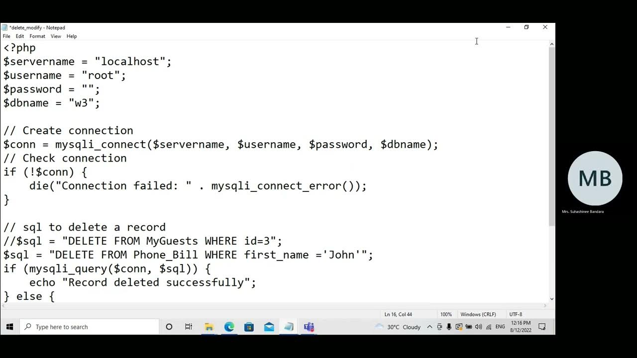 PHP MYSQL Database Connectivity iinsert delete part 2 - YouTube