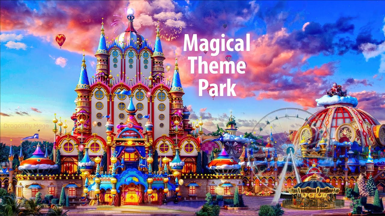 Magical Theme Park 🎈 ASMR Ambience (happy crowds, fireworks, roller ...