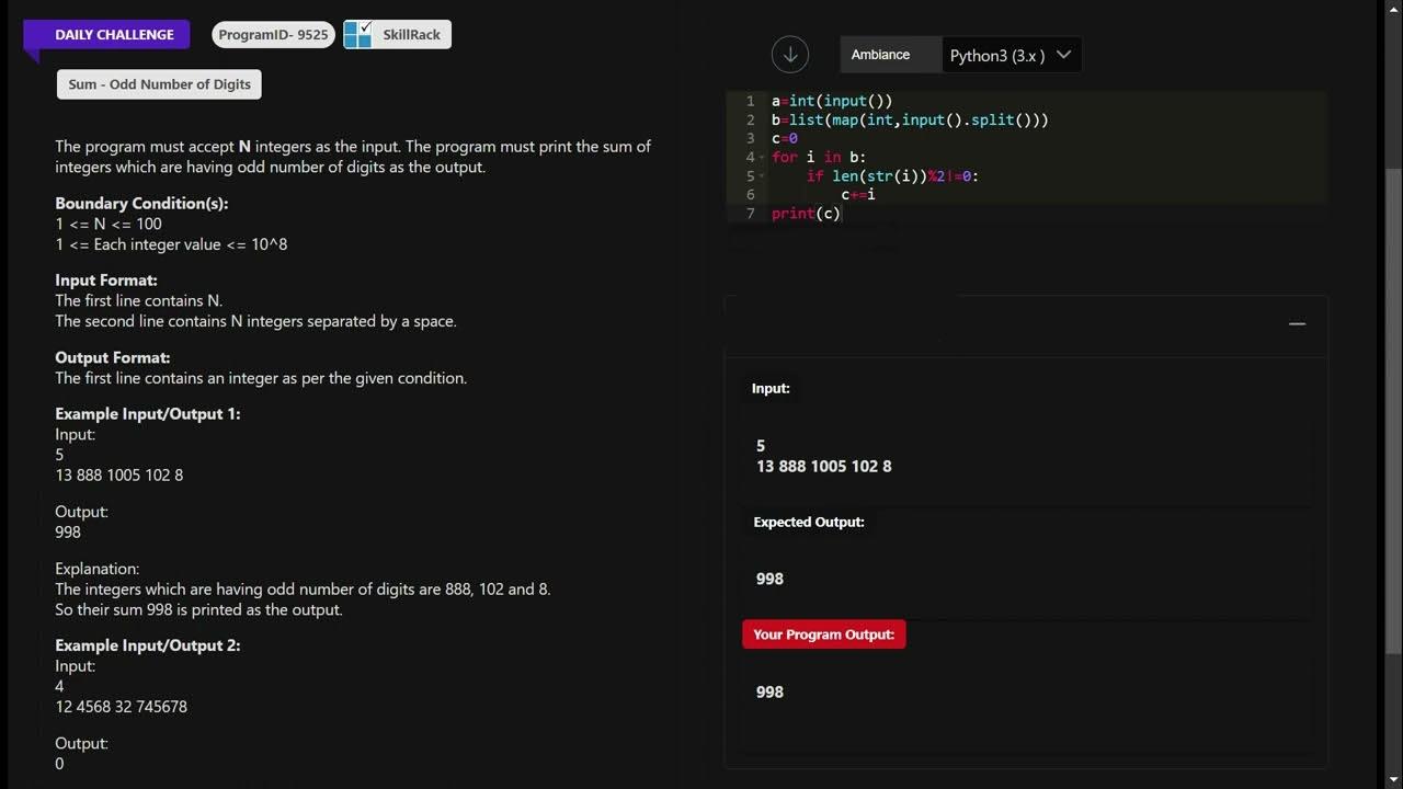 SKILLRACK | DAILY CHALLENGE | 24/11/2023 || SUM-ODD NUMBER OF DIGITS | PROGRAM ID 9525 | PYTHON ...