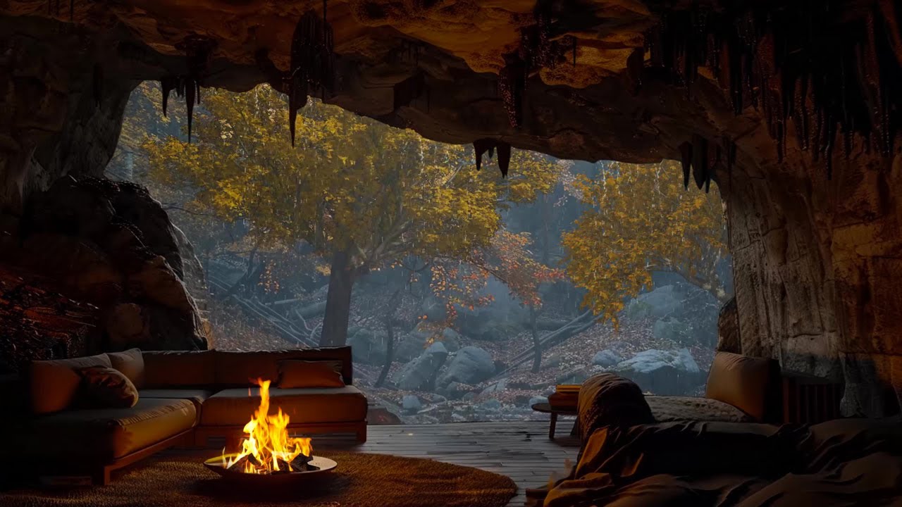 Autumn Cave Shelter in the Storm ⚡🍁 | Fire Crackling, Thunder & Rain ...