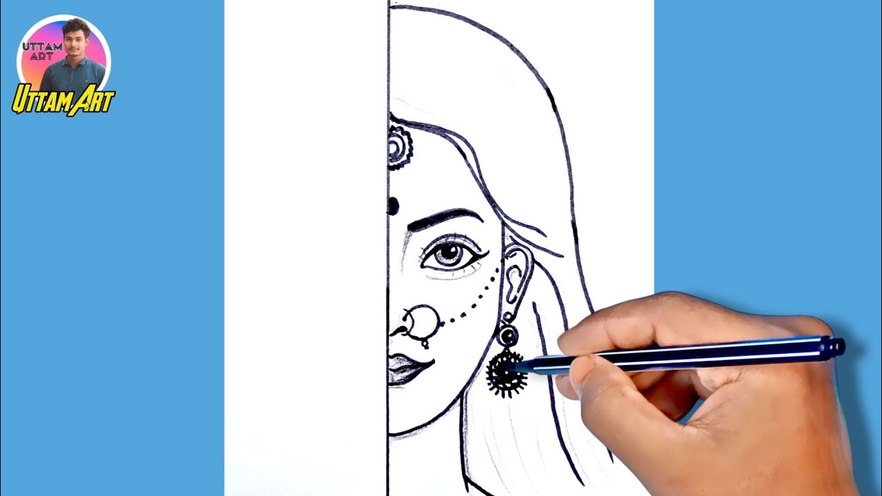 Radha Rani Half Face Drawing | Easy and Beautiful Art Step by Step ...