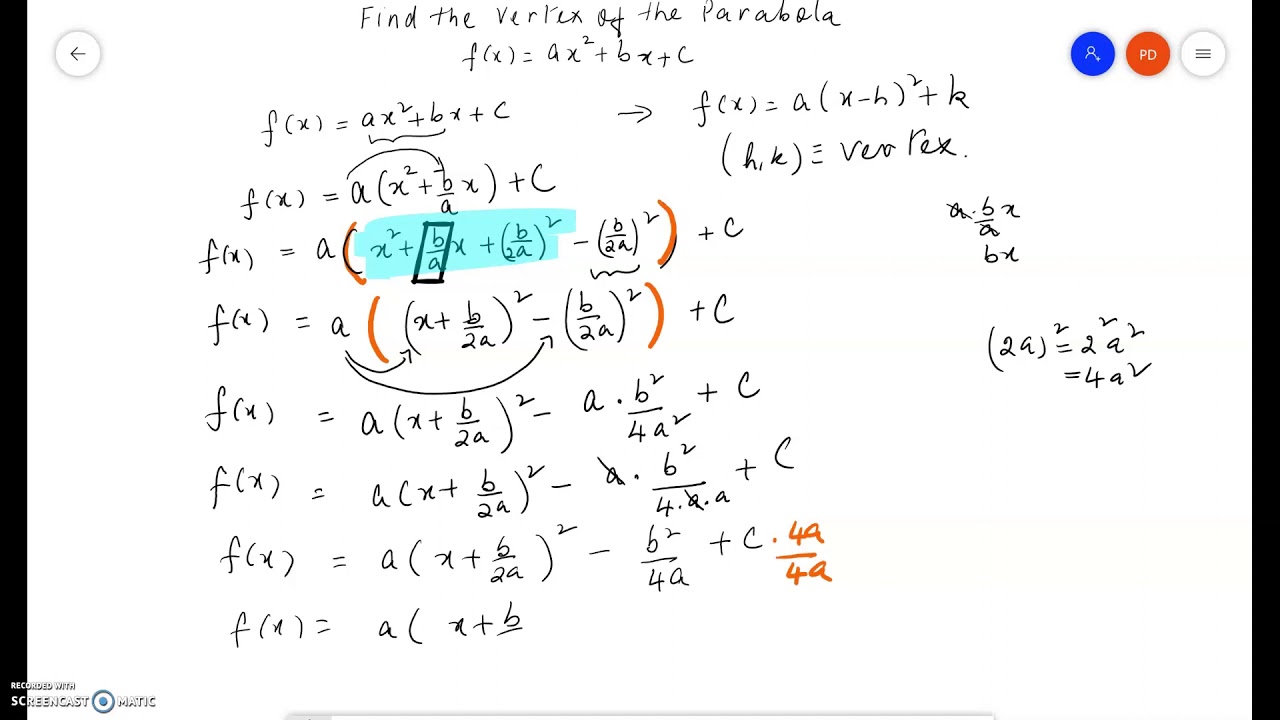 Vertex Of The Parabola F x Ax 2 Bx c YouTube