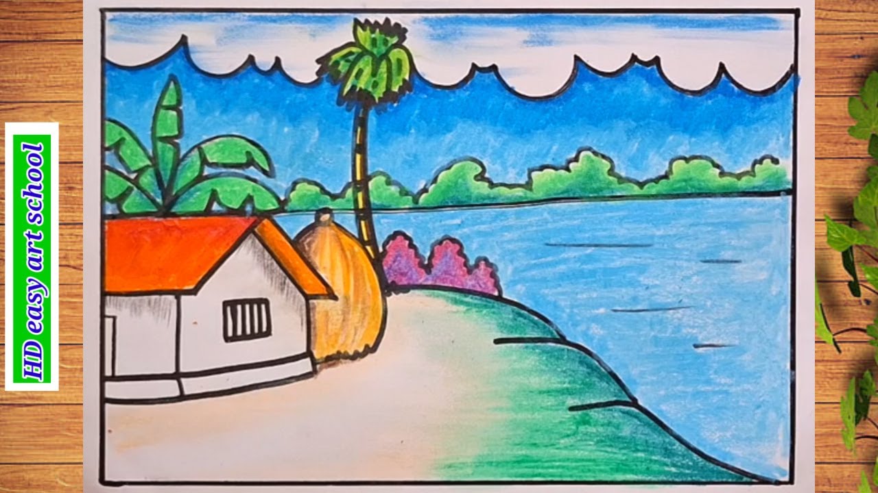 How To Draw Beautiful Villege secenery || Easy villege secenery Drawing ...