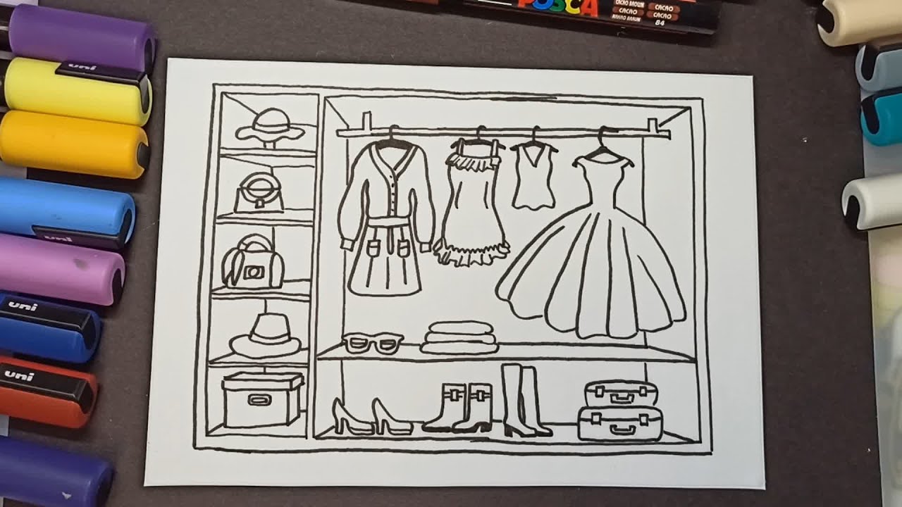Drawing and coloring WARDROBE WITH CLOTHES and BAGS with color markers ...