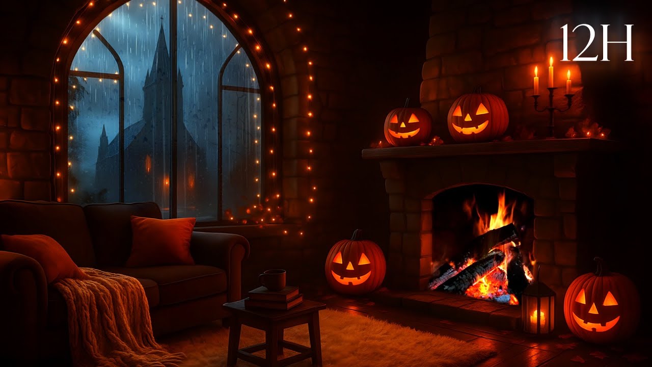 Halloween Ambience - Autumn Rain on Castle Windows, Thunder & Cozy ...