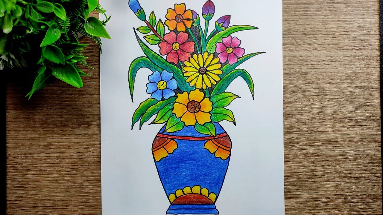 Flower vase | How to draw and colour Flower Vase step by step | Flower ...