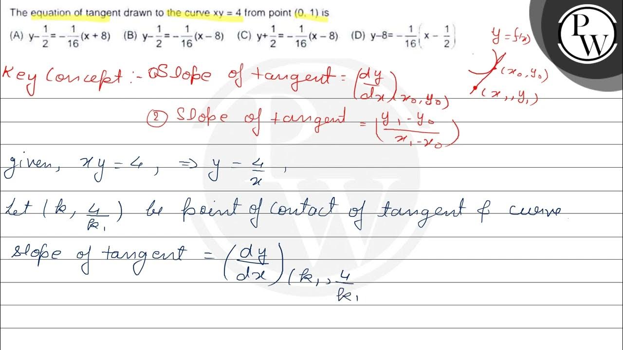 The equation of tangent drawn to the curve \( x y=4 \) from point \( (0,1) \) is (A) \( y-\frac ...