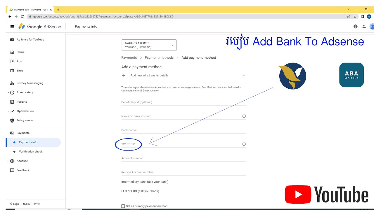 How to add acleda bank or ABA to google adsense account ...