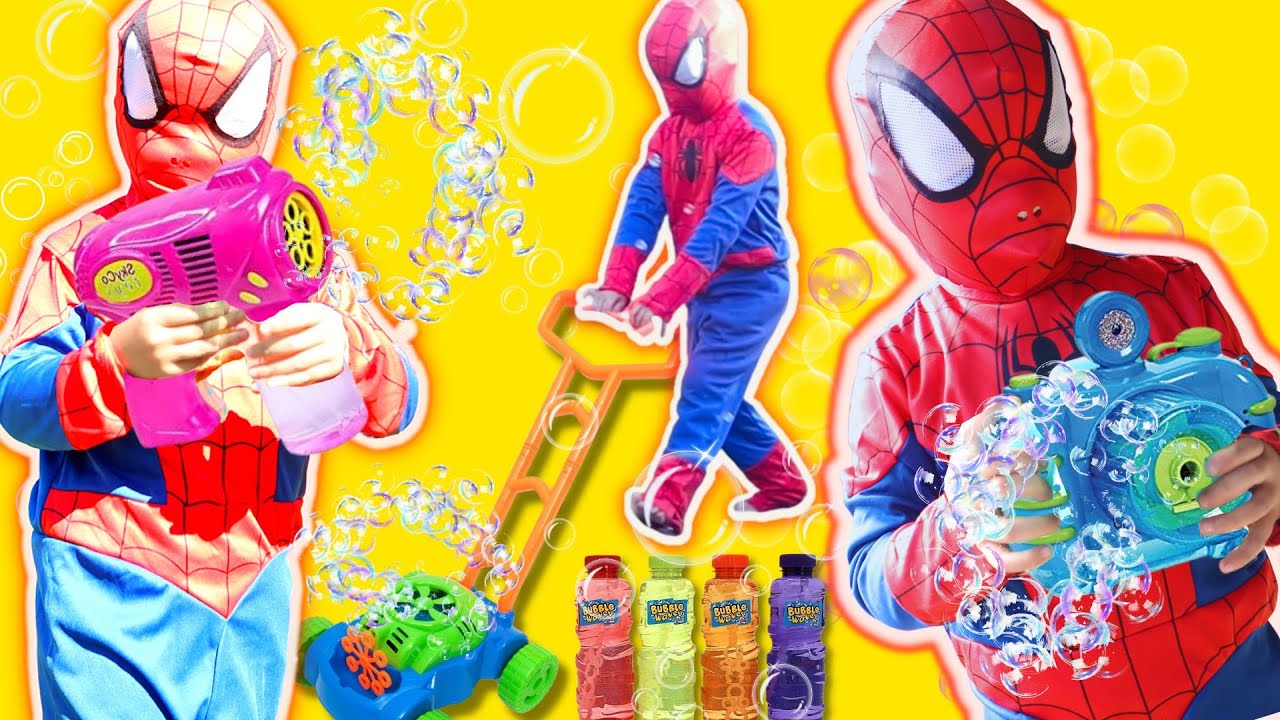 Spiderman Plays With Bubble Gun Machine Gun | Unboxing Toys Aston ...