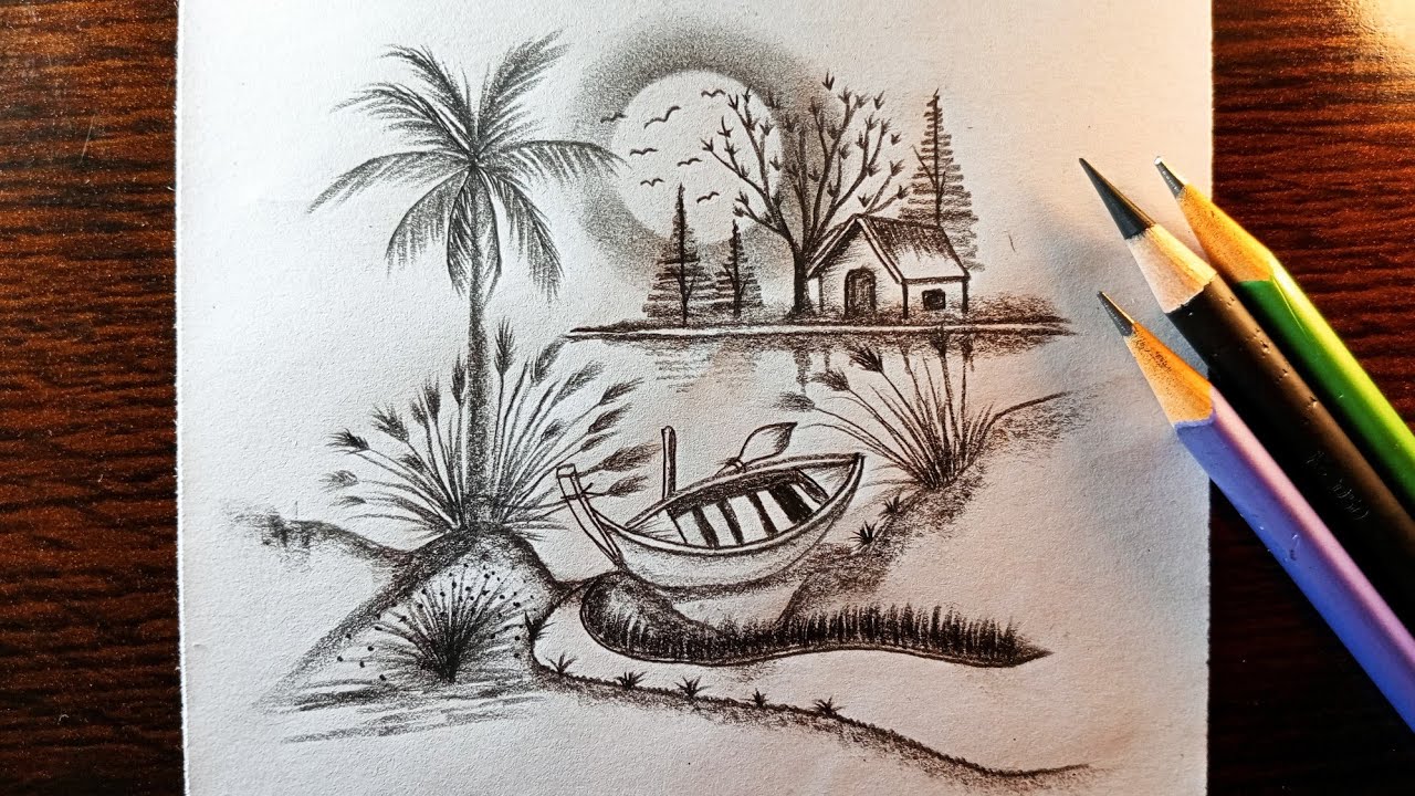 How to draw beautiful landscape riverview scenery step by step ...