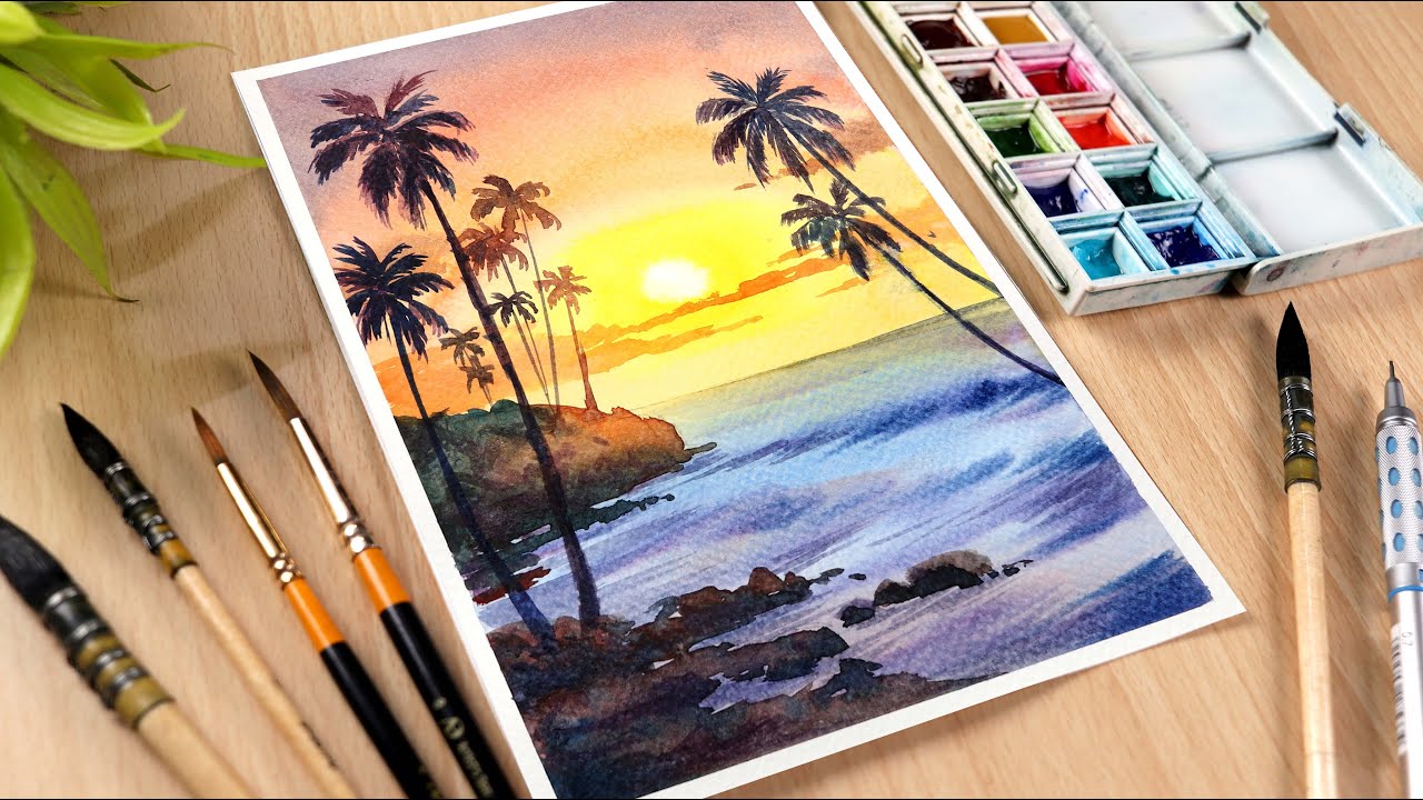 Easy Watercolor painting for beginners sunset beach and evening ...