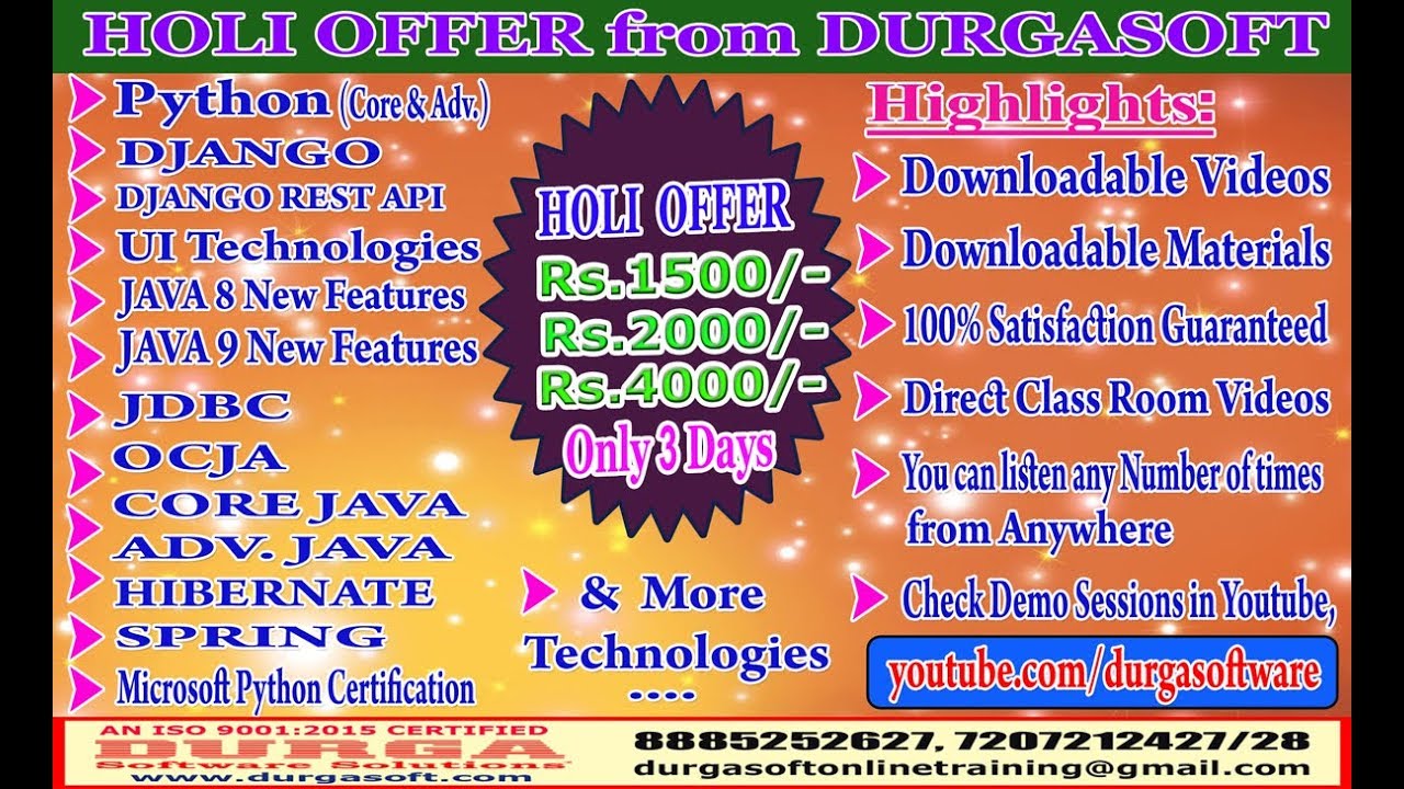 HOLI OFFER from DURGASOFT: Course Videos Starts @1500, 2000, 4000. For ...