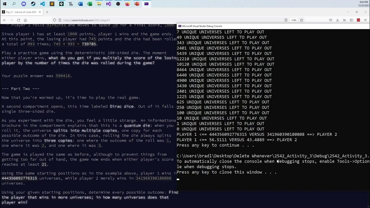 Fully Object Oriented C++ Solution for 2021 Advent of Code - Day 21 - Part 2 - Dirac Dice - YouTube