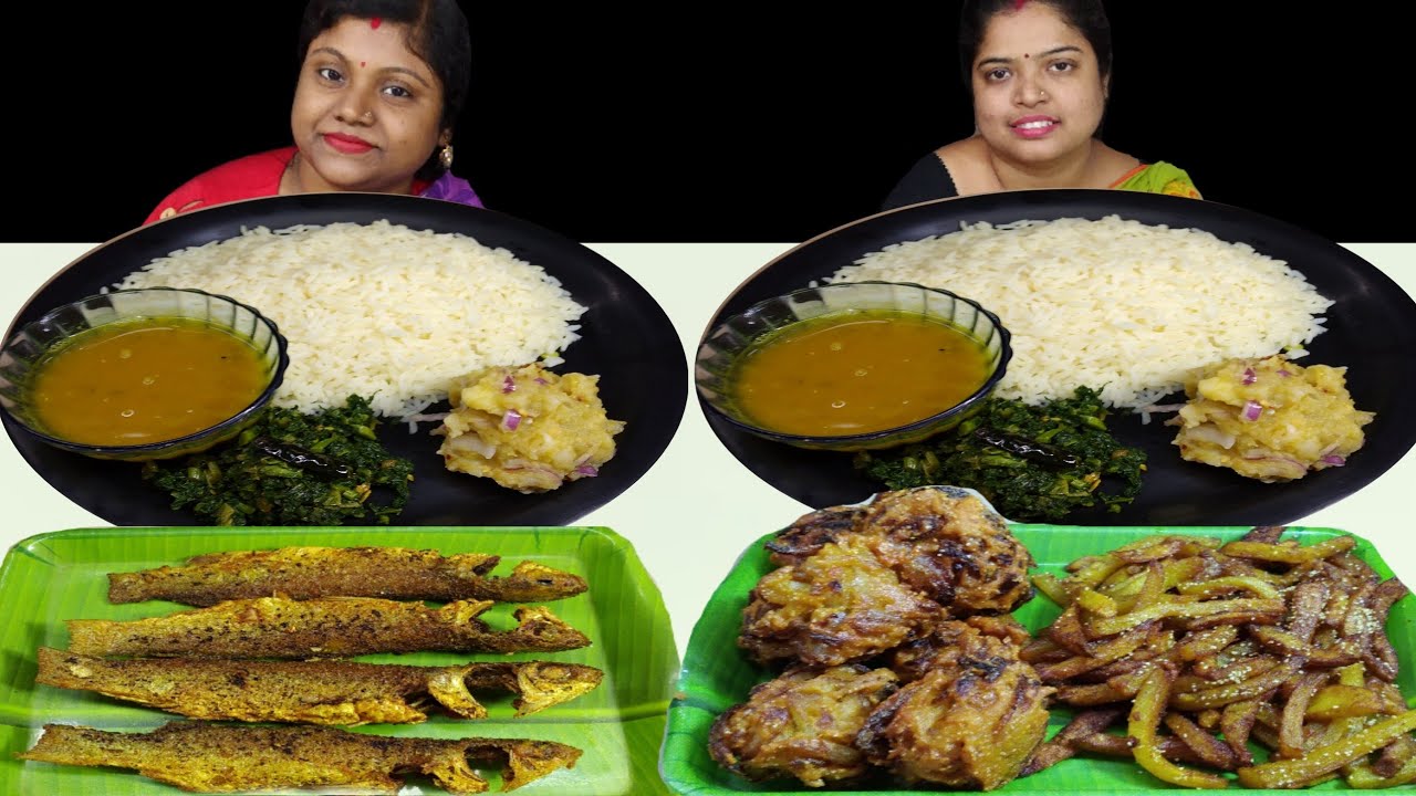 DAL CHAWAL FISH FRY ALOO VARTA PAKORA EATING CHALLENGE / BENGALI FOOD ...
