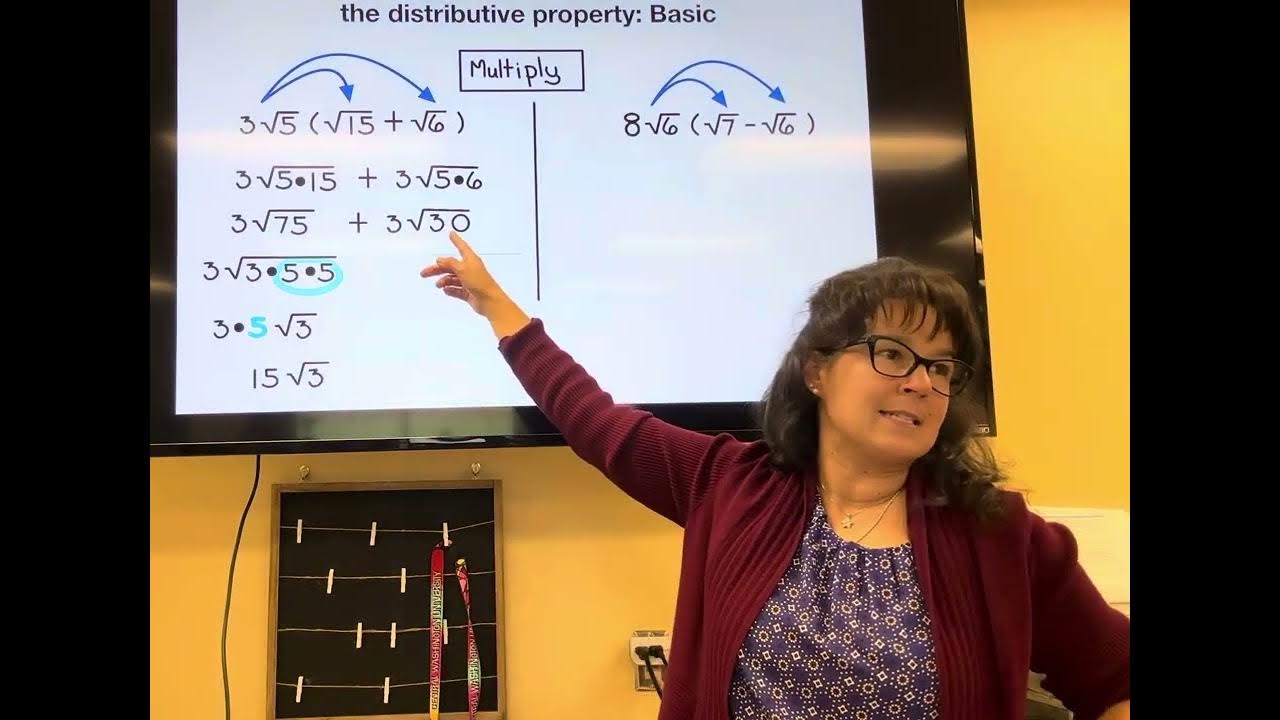 Simplifying a product involving square roots using the distributive property: basic - YouTube