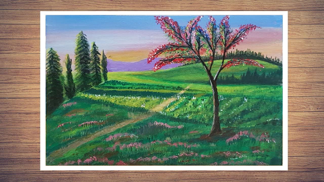 Mountain and tree landscape: Acrylic painting #20 - YouTube