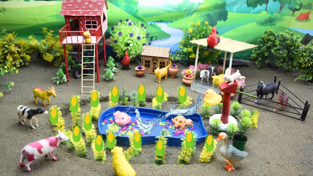 DIY tractor Farm Diorama with house for cow, fish pond | how to plant a ...