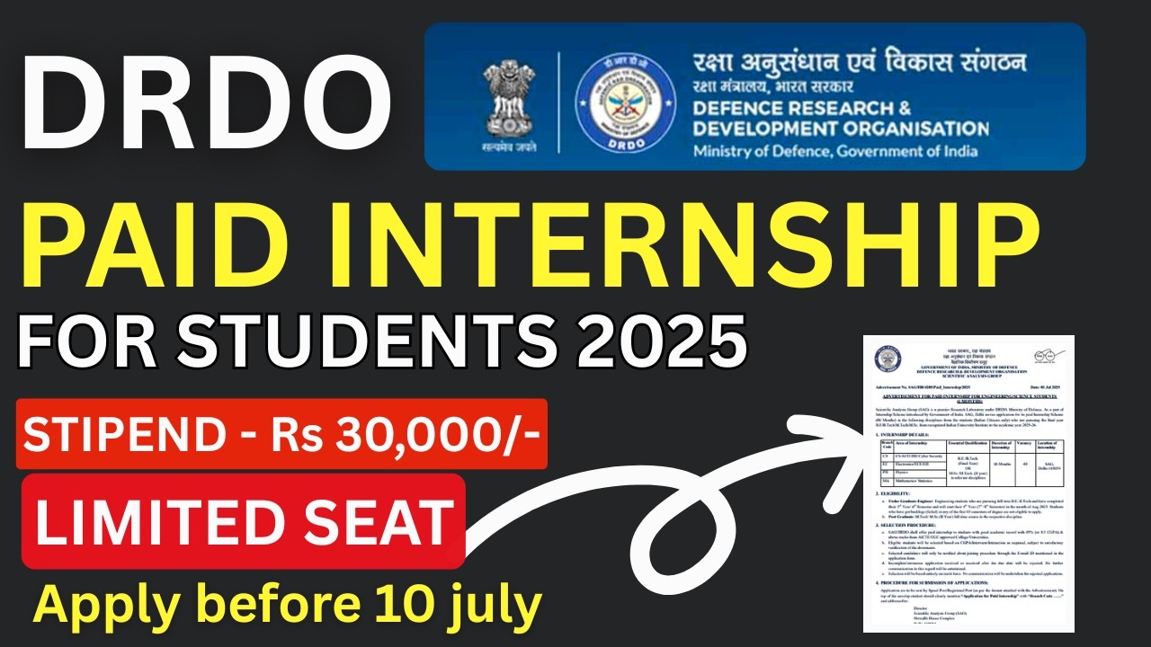 DRDO Internship 2025 | ₹30,000 Stipend | Govt Paid Internship | Last ...