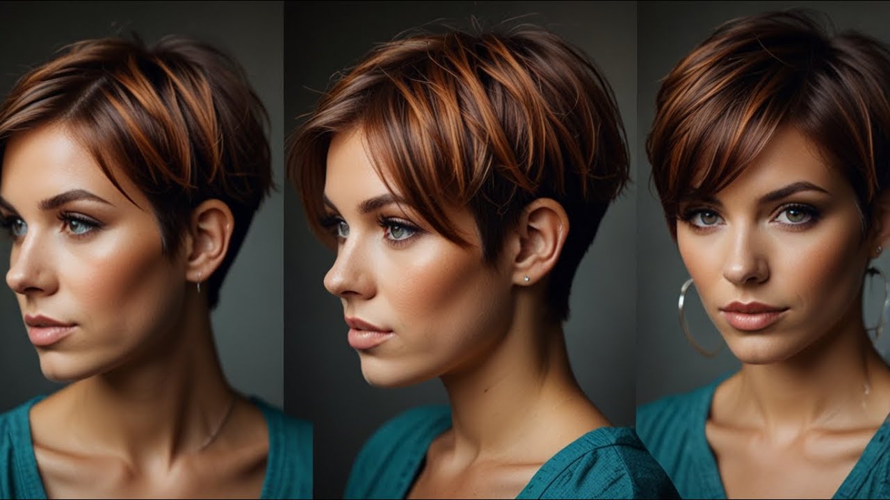 stylish and modern different pixie Bob haircut and copper highlights ...