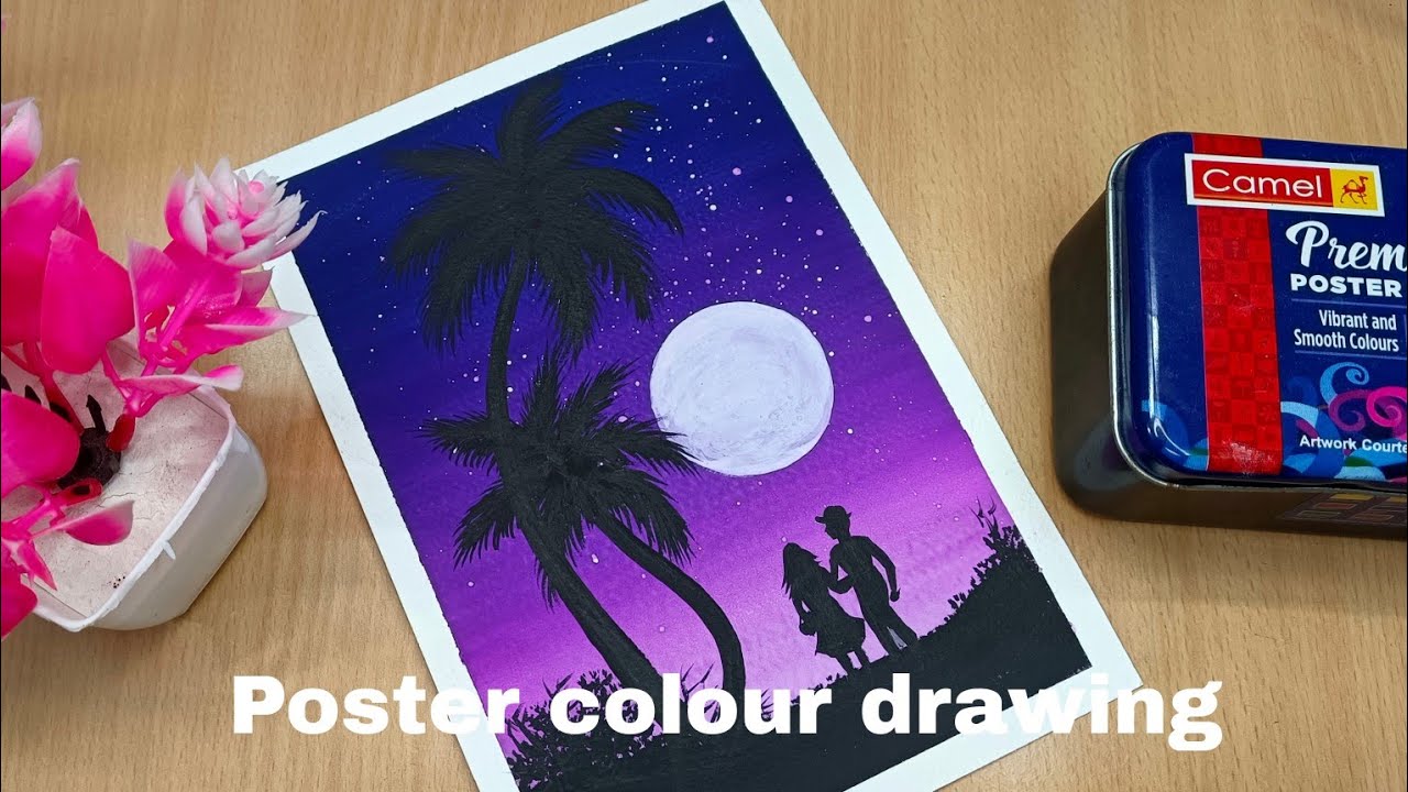 easy poster colour drawing । moonlight couple painting for beginners ...