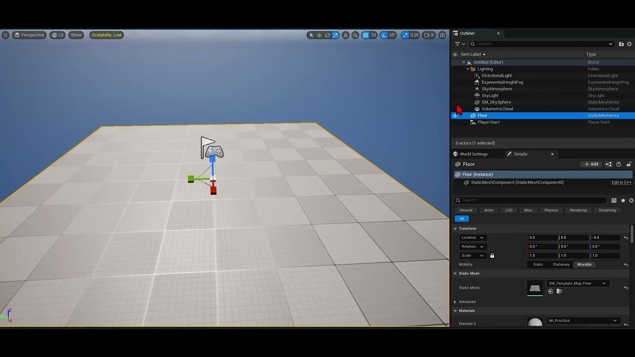 Unreal New Level Basic Default Floor Location Z = -0.5 - YouTube