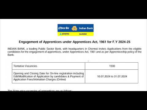 INDIAN BANK NOTIFICATION 2024 - APPRENTICESHIP TRAINING - APPLY ONLINE ...