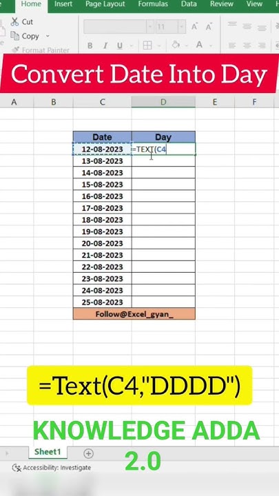 Date into day in excel. #excel #exceltricks #formatting #advanceexcel - YouTube