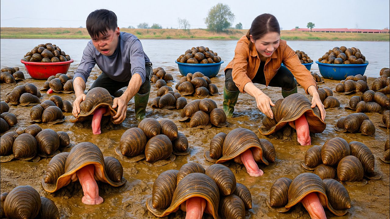 Harvesting Giant Rare Black Clams in Wild Fields, Cook Spicy Sauce Over ...