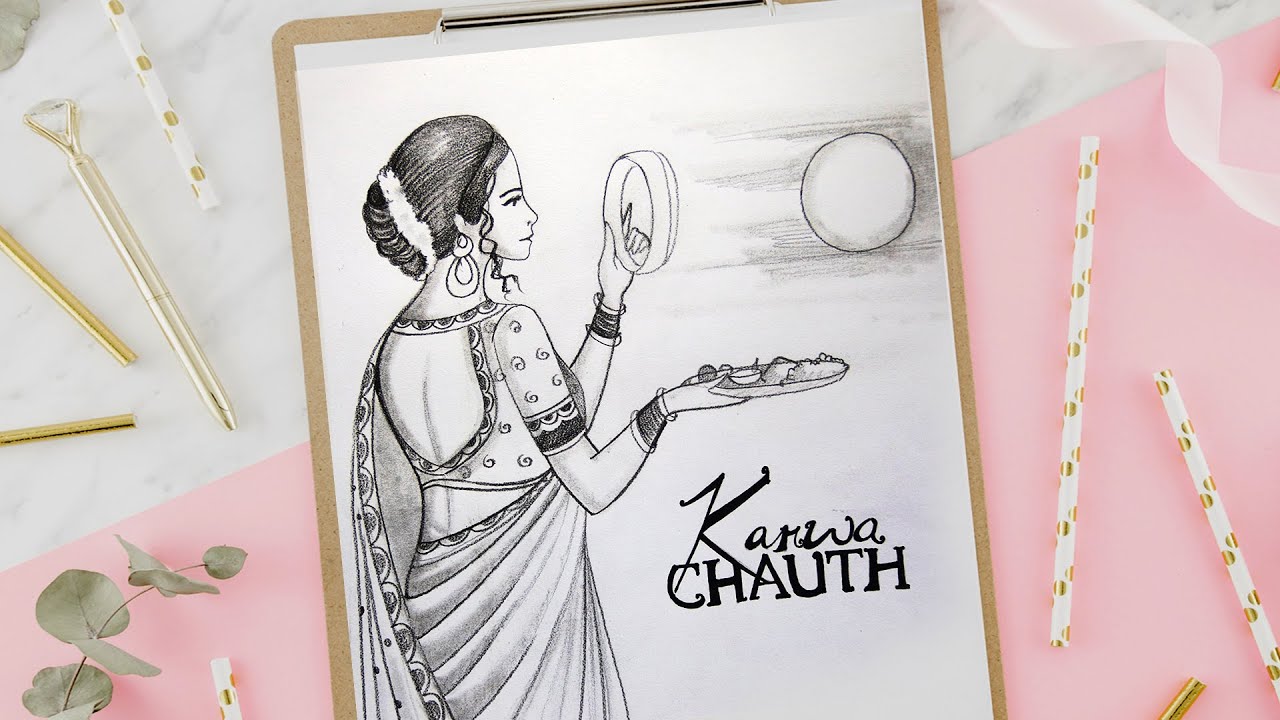 Traditional Karwa Chauth Drawing very easy || How To Draw Karwa Chauth ...
