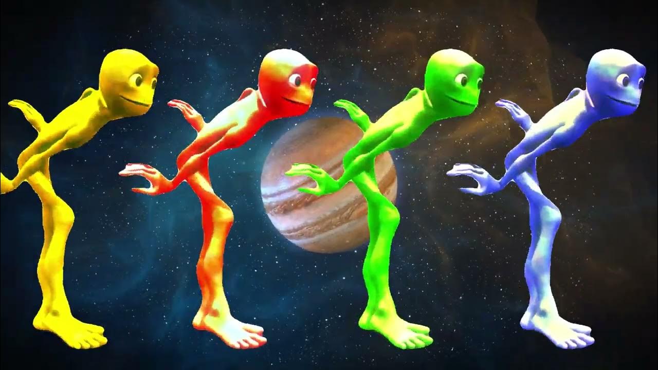 Four colorful aliens dancing to "Dame Tu Cosita" while flying by ...