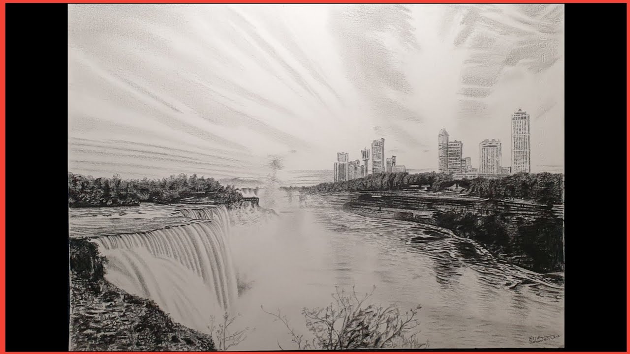 Niagara Falls drawing by black pencil (Step by Step) drawing tutorial ...