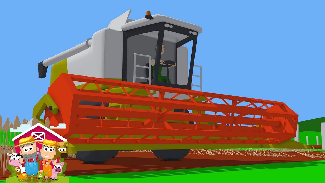 How a Combine Harvester and a Tractor with a Green Trailer Work ...