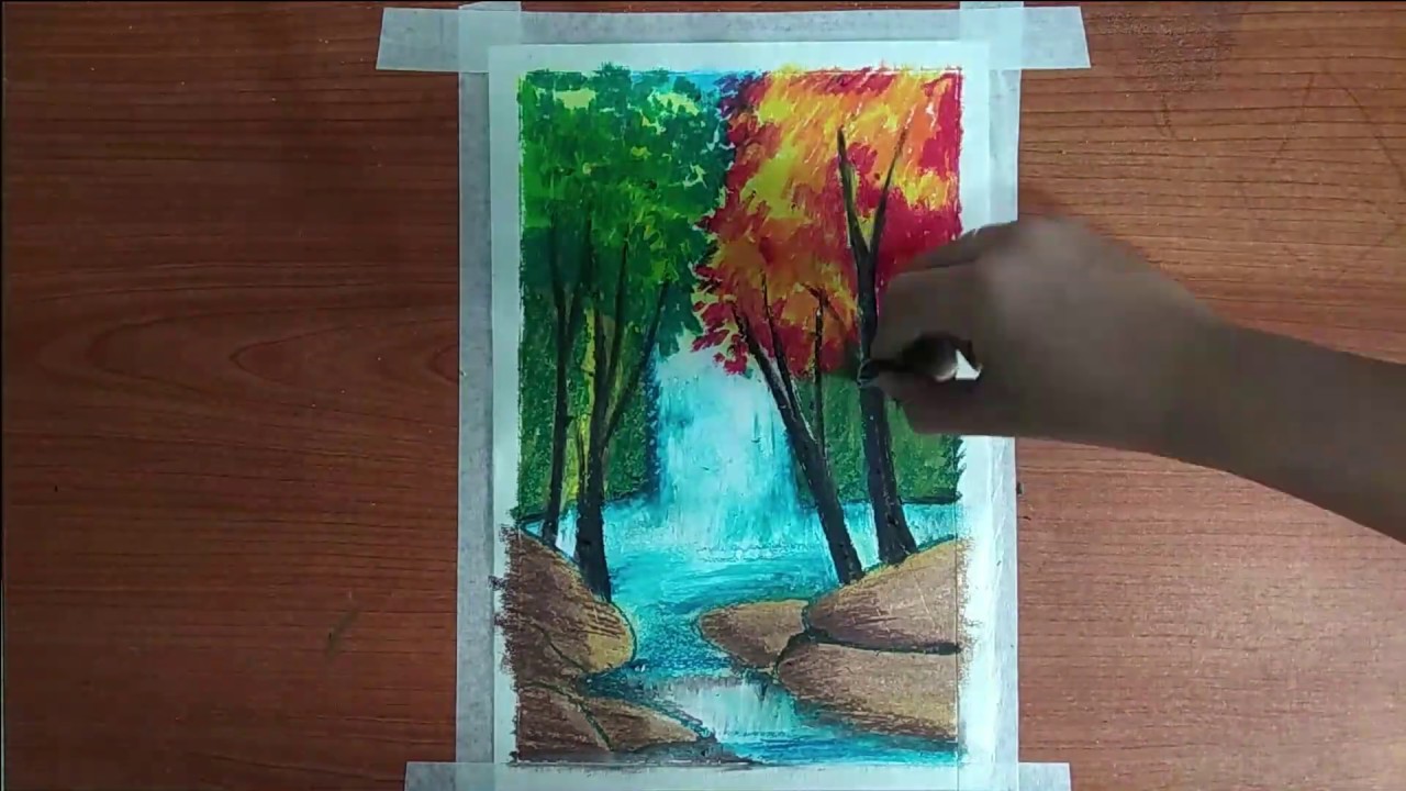 DRAWING FOR BEGINNERS WITH OIL PASTELS / WATERFALL WITH OIL PASTEL ...