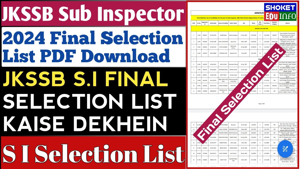 JKSSB Sub Inspector 2024 Final Selection List Kaise Download Kare | S.I ...