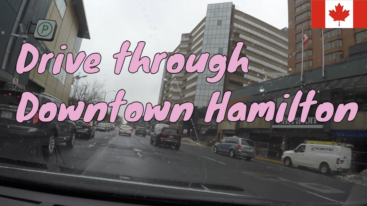 Rainy April drive through downtown Hamilton (King to Queen street ...