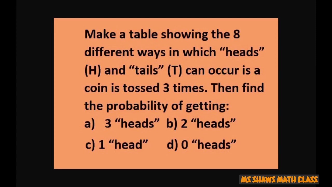 Make table showing 8 different ways in which heads, tails occur tossed ...