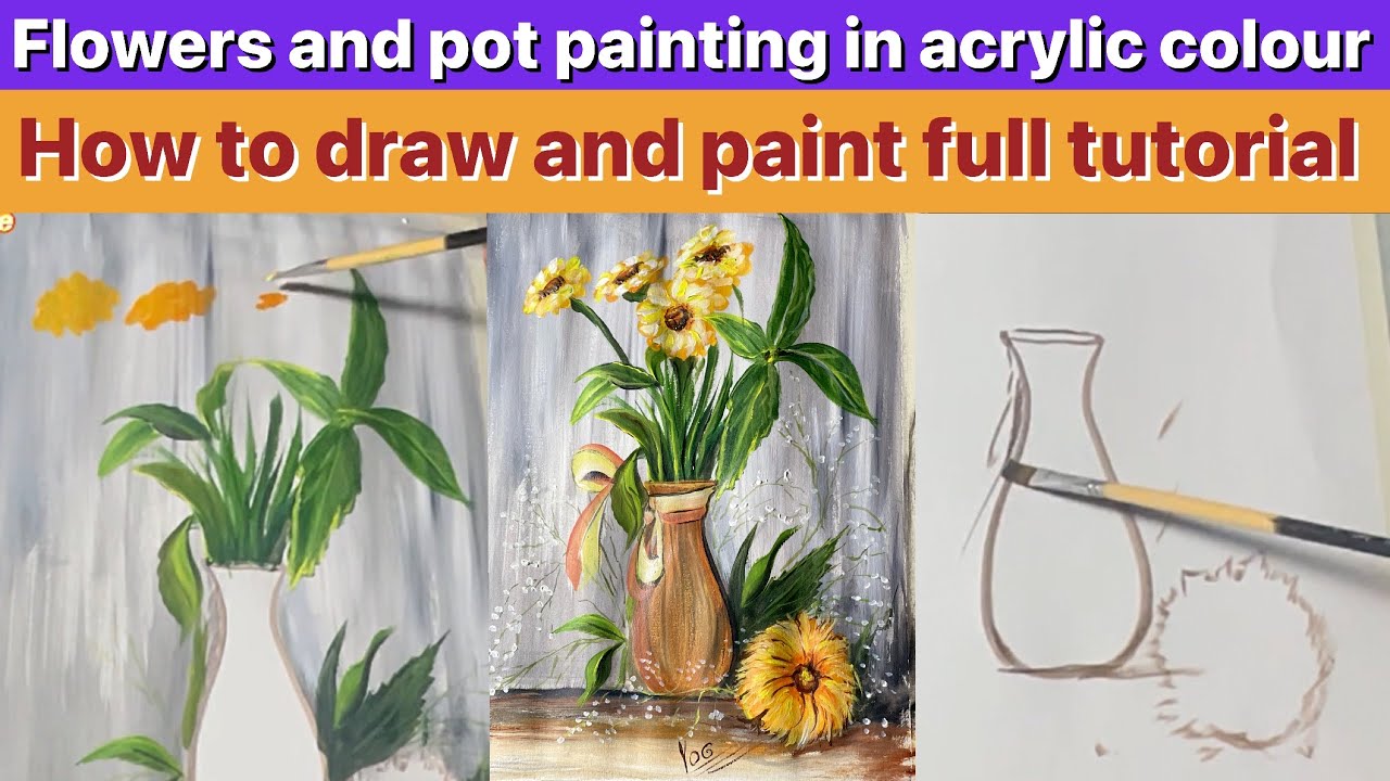 how to draw and paint flowers and pot//acrylic colour//step-by-step ...