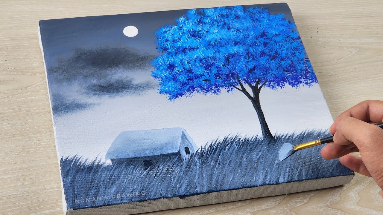 Blue Tree | Easy Painting | Moonlight Night Acrylic Painting - YouTube