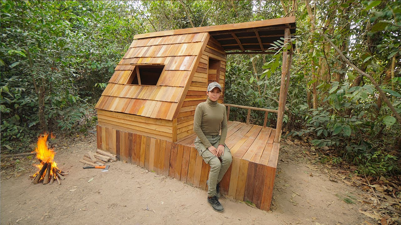 Building Survival Bushcraft Wooden Shelter In Wildlife, Working With ...